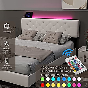 IKIFLY Modern Full Size LED Bed Frame with 2 USB Ports, Upholstered Button Tufted Faux Leather Platform Bed with Adjustable Headboard, Solid Wood Slats, No Box Spring Needed - White/Full