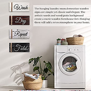 4 Pieces Wood Laundry Room Decor Wash Dry Fold Repeat Wall Art Accessories with Twine Farmhouse Laundry Wall Decor for Laundry Wall Shelf Bathroom Decor 14.2 x 6.3 x 0.2 inches