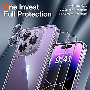 LK [3-in-1] for iPhone 14 Pro Case, with 1 Set Lens Protector + 2 Pcs 9H Tempered Glass Screen Protector, [Military Grade Shockproof] [No Yellowing] All-Round Protection Kit 6.1 inch - Clear