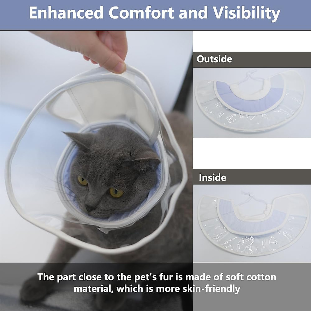 Soft Drawstring Cat Recovery Cone - Transparent, Noiseless Fasteners - Double Anti-Slip - Adjustable Magic Tape & Neck Cone Ideal for Kittens - Comfortable Wound Recovery Cone (Blue, M(Neck:8½"-10¾"))