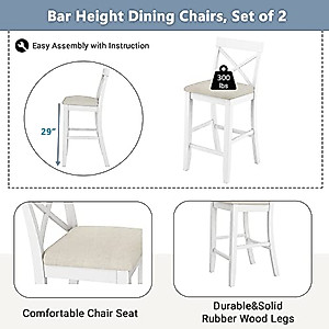 Polibi 3-Piece Bar Height Dining Set with 48”Rectangular Bar Table and 2 Padded Chairs for Dining Room Kitchen Breakfast Nook, Cherry+White