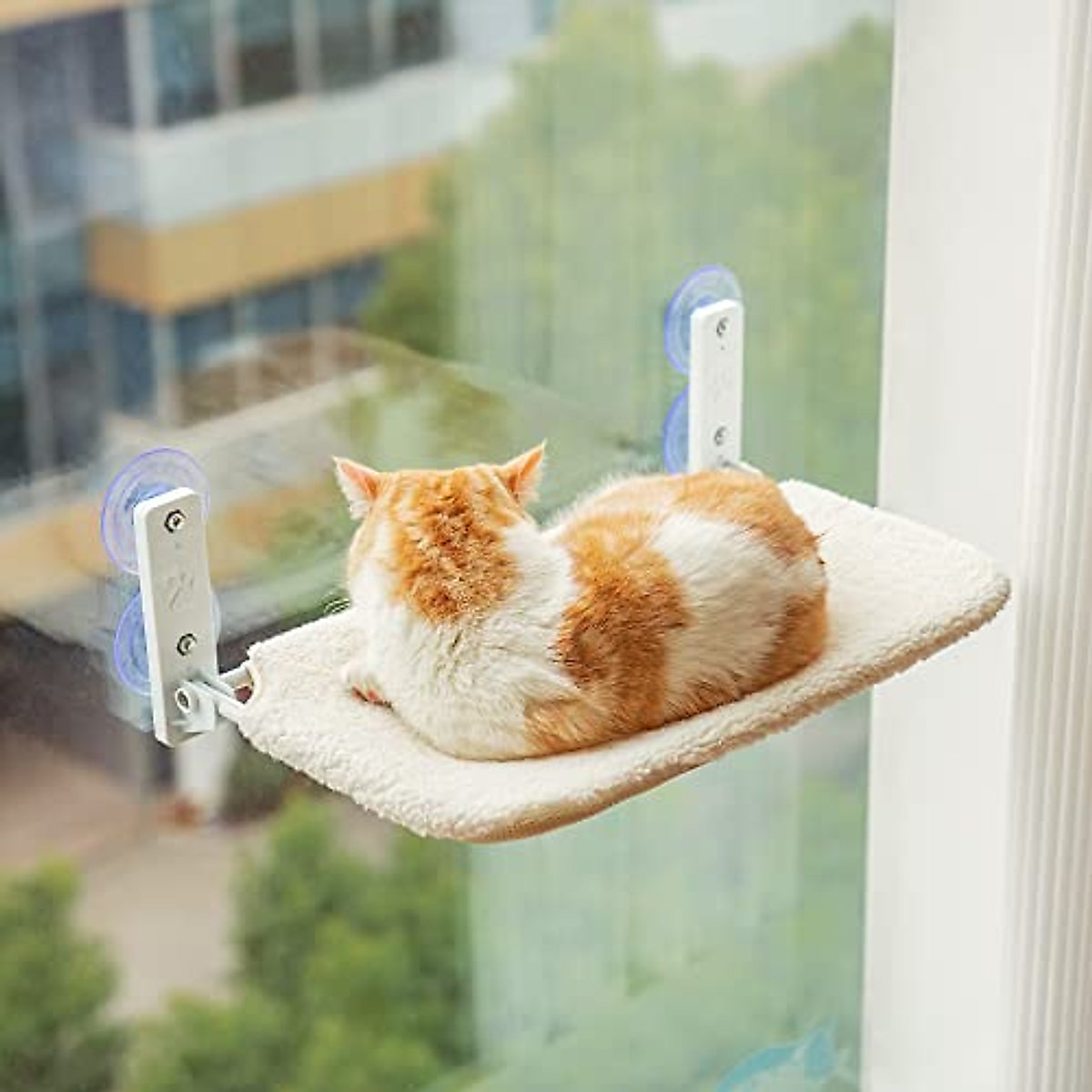 Cat Window Perch Durable Cat Hammock Seat for Indoor Cats Reversible Mat Use Year-Around Foldable Cat Bed Providing All-Around Sunbath Saving Space Washable Holds Up to 40 lbs (Plush Beige)