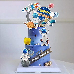 Astronaut Figurines Space Cake Toppers Astronaut Planet Rocket Satellite and Star Space DIY Cake Toppers for Space Theme Party Birthday Party Baby Shower Supplies (Blue)