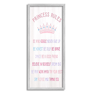 Stupell Industries Princess Rules Listed Kids Pretend Pink Crown, Designed by Daphne Polselli Gray Framed Wall Art, 13 x 30