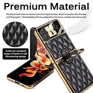 Miimall for Samsung Galaxy Z Flip 4 Leather Case with Ring Holder Stand, Luxury Rhomboid Leather Back Cover Electroplating Frame with Camera Lens Protector Case for Galaxy Z Flip 4 2022(Black)