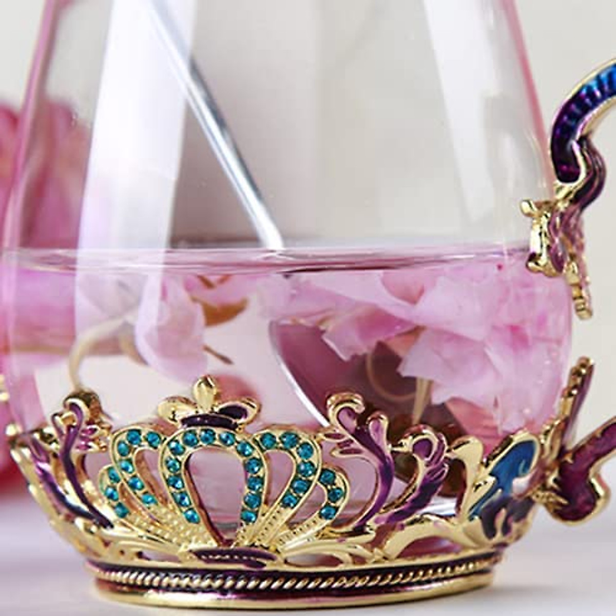 Youeon 12 Oz Enamel Glass Tea Cup with Lid and Spoon, Fancy Tea Cup with Crown, Clear Glass Cup with Gift Box, Handmade Glass Coffee Mug for Women, Girls, Birthday, Mother's Day, Valentines Day