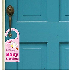 Cute News Baby Girl Sleeping Stork Door Hanger - Do Not Disturb or Knock - Newborn Sign - Great Gift for Parents - Pink