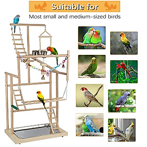 Ibnotuiy Pet Parrot Playstand Parrots Bird Playground Bird Play Stand Wood Perch Gym Playpen Ladder with Feeder Cups Bells for Cockatiel Parakeet (4 Layers)