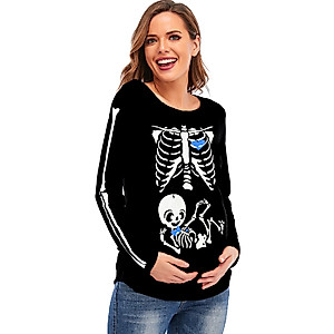 Women's Halloween Skeleton Baby Boy Maternity Shirt Skeleton Long Sleeve Pregnant Outfits Tops L