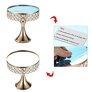 BSTKEY 12 Inch Wedding Metal Cake Display Stand with Mirror Top Plate, Gold Cupcake Stand with Crystal Beads Decor Pedestal, Dessert Stand for Parties Birthday Baking Party Supplies Centerpiece, Round