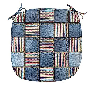 Lunarable Geometric Chair Seating Cushion Set of 2, Quilt Design with Scraps of Denim and Knit Graphic Colorful Melange Print, Seat Pads for Office with Anti-Slip Backing, 16"x16", Blue Multicolor