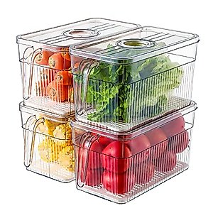 Produce Saver Containers for Refrigerator, 6.3Lx4 Organizer Bins with Lids Stackable Large Food Storage Container Sets with Drain Tray, Square Handle Food Storage Organizer Boxes, BPA Free, Set of 4