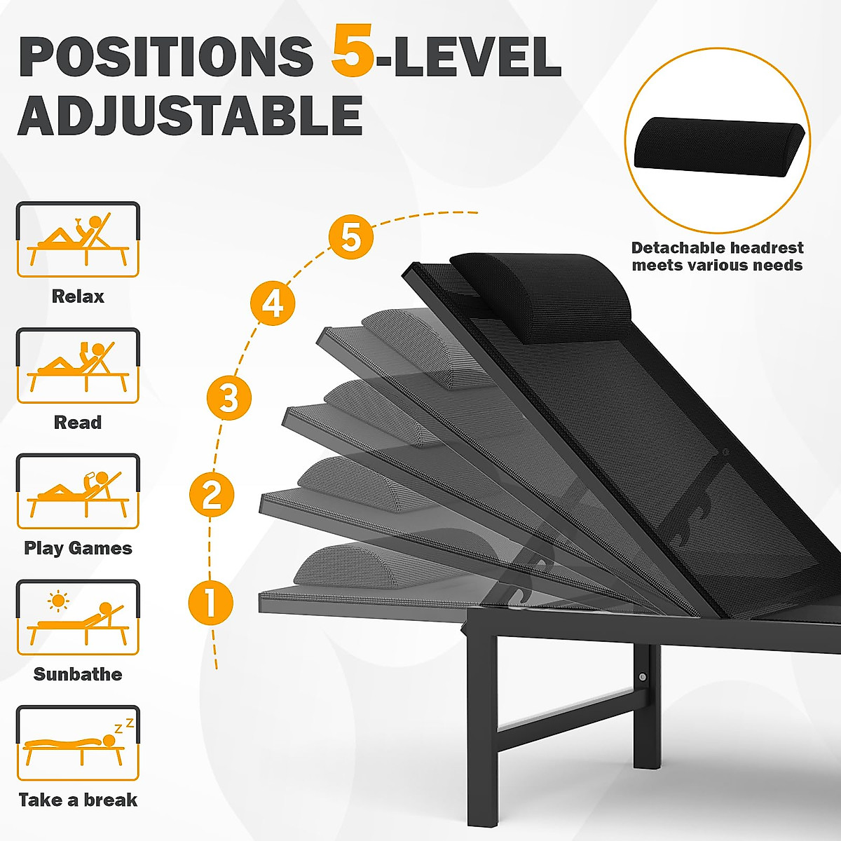 WOAJNQO Chaise Lounge Chair Outdoor,Aluminum Patio Lounge Chairs Set of 2, Adjustable 5-Position Recliner and Full Flat Tanning Chair with Pillow for Pool, Outside,Beach,Black