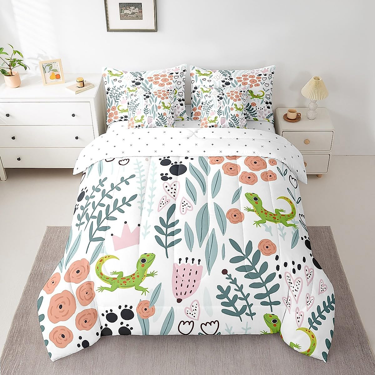 Erosebridal Reptile Kids Comforter Set Twin 7 Piece Lizard Gecko Print Bed in a Bag Wildlife Animal Room Decor,Green Leaf Pink Flowers Bedding Set with Fitted Sheet,Flat Sheet,Pillow Cases & Covers