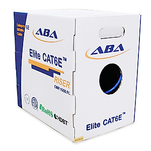 CAT6E Riser (CMR), 1000ft, UTP 24AWG, Solid Bare Copper, 600MHz, UL Certified, Easy to Pull (Reelex II) Box, Bulk Ethernet Cable in Blue