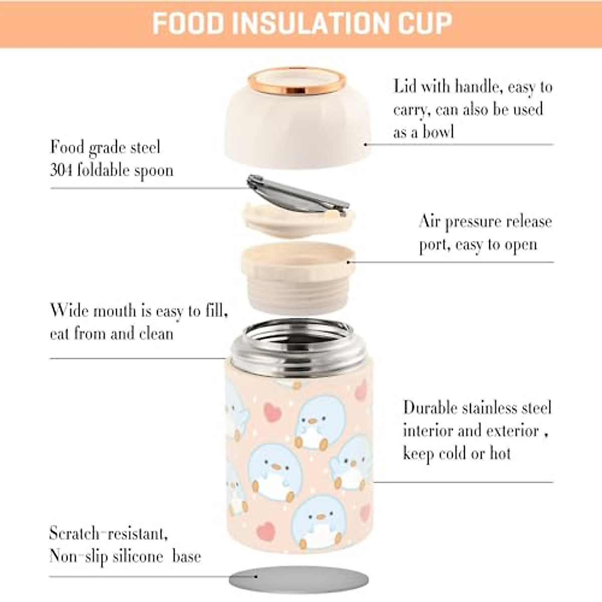 Cartoon Easter Chichen Animal Hearts Kids Womens Food Insulated Jar with Spoon 17oz/500ml Containers To Keep Food Hot Stainless Steel Vacuum Portable Thermal Food for Lunch Accessories