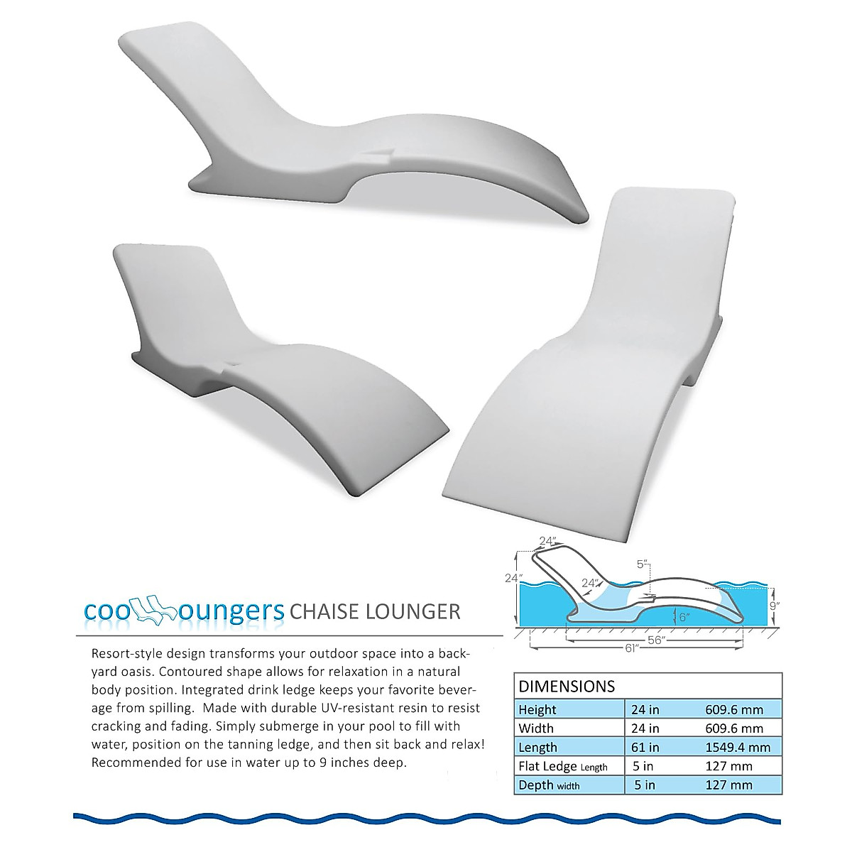 Cool Loungers in Pool Chaise Lounge Chairs Set of 2 with Hourglass Side Table for Baja Sun Tanning Shelf Ledge, Handy Cup Holder, Suitable for Use in Water up to 6 Inches Deep, White