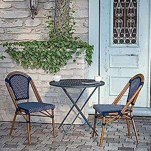 Flash Furniture Bordeaux Set of 2 Indoor/Outdoor Commercial Bistro Stack Chairs - Navy/White PE Rattan Back and Seat - Natural Bamboo Print Aluminum Frame