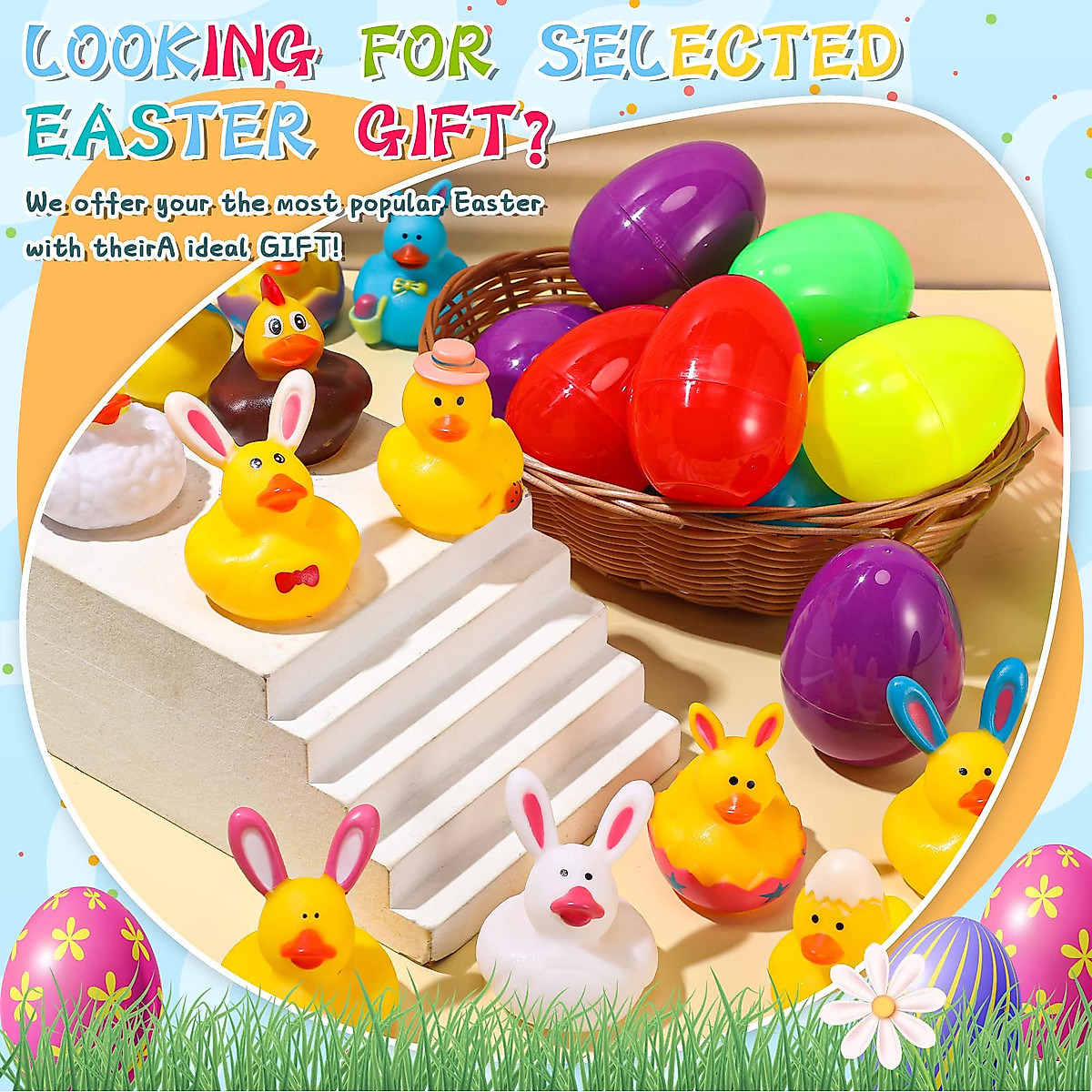 28 Sets Easter Eggs Filled with Rubber Duck, Plastic Egg Prefilled with Assorted Rubber Duck Multicolor Bunny Small Duck for Bathtub Toys, Easter Basket Stuffers and Party Favors, Class Prizes, 56 Pcs