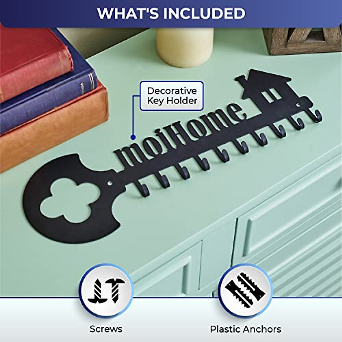 moiHome Key Organizer Wall Mount Rack - Decorative 10 Hook Iron Key Ring Holder for Wall - Ideal for Entryway, Front Door, Kitchen, Hallway - Includes Screws & Anchors – 5 x 14.75 Inches, Black