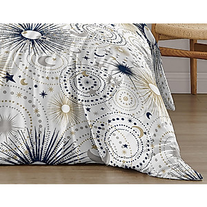 Sweet Jojo Designs Star and Moon Boy or Girl Full/Queen Bedding Set Kids Comforter Childrens Size - 3 Pieces - Navy Blue, Gold, and Grey Celestial Sky Stars Gender Neutral Unisex