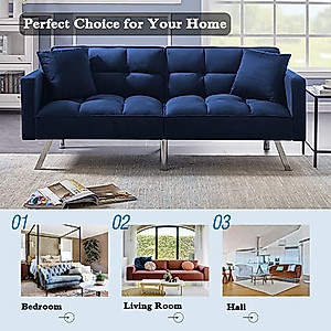 Velvet Futon Sofa Bed with Two Pillows, Convertible Sleeper Sofa Couch with 3 Angle Adjustable Backrest, Modern Loveseat with 6 Metal Legs for Living Room, Bedroom (Blue)