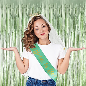 Vlipoeasn 33PCS Bachelorette Party Decorations - Green Bride to Be Party Decoration Kit, Bride to Be Sash, Crown, Veil, Foil Curtains, Champagne Bottle Goblet Balloons, Bridal Shower Party Supplies