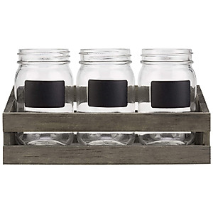 MyGift Gray Solid Wood Kitchen Countertop Flatware Utensil Holder, Casual Dining Flatware Caddy with 3 Mason Jars and Chalkboard Labels