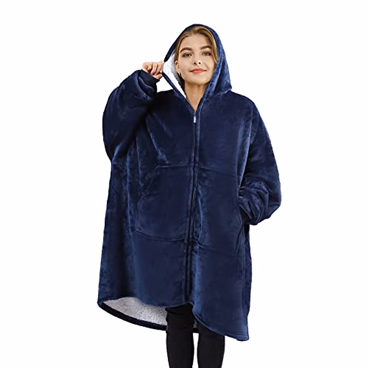 Wearable Blanket Hoodie for Adult Women Men - Oversized Hooded Blanket Sweatshirt with Giant Pocket and Elastic Sleeve (Navy Blue-Long)