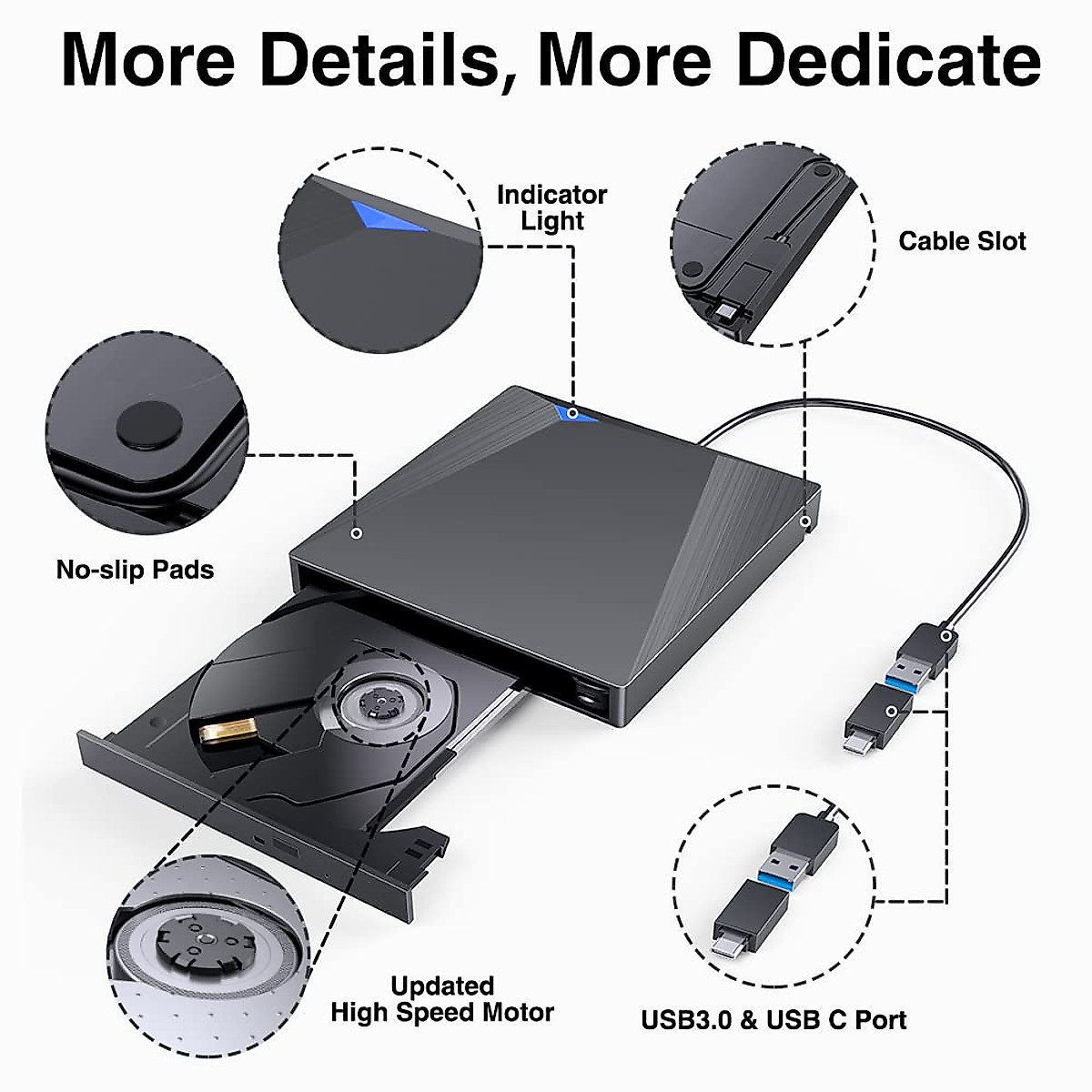 VersionTECH. External CD DVD Drive USB 3.0 Type-C, Portable USB C Superdrive Burner Player Writer CD DVD +/- RW, Compatible for Windows 10 8 7 XP Vista Mac OS Linux for Mac Pro Air iMac Laptop