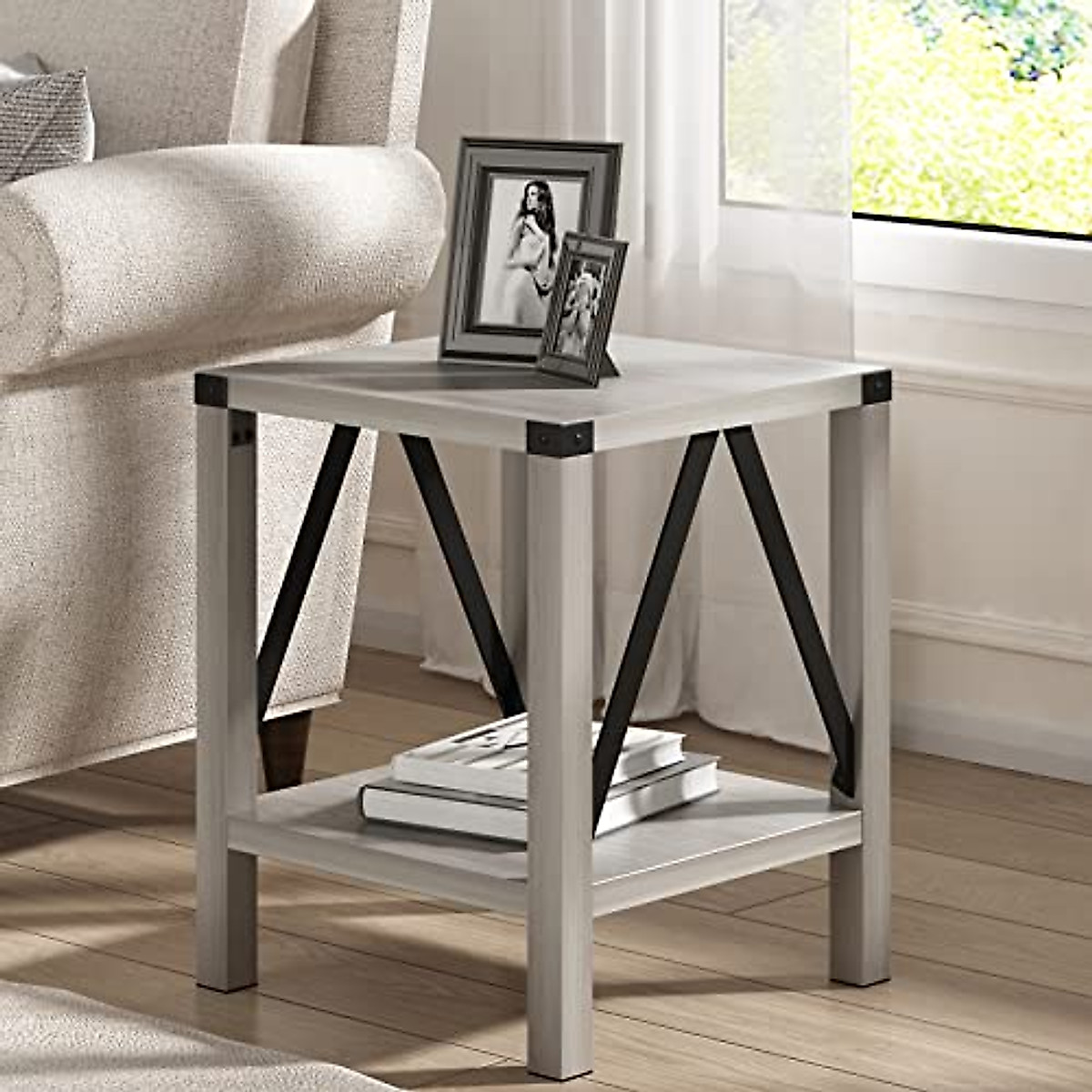 Treocho Farmhouse End Side Table, Rustic Vintage Nightstand with Shelf for Living Room, Bedroom, Antique White