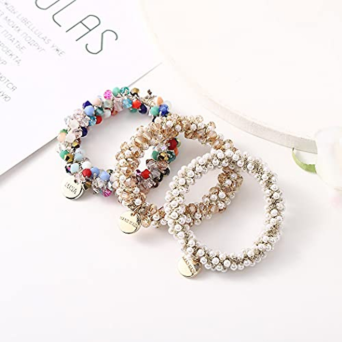 Brinie Pearl Scrunchie White Elastic Hair Ties Rhinestone Ponytail Holders Beaded Hair Elastics Hair Accessories for Women and Girls (Pack of 3)