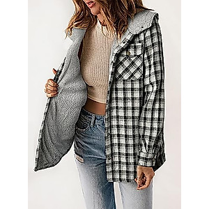 Dokotoo Womens Winter Plaid Jackets for Women Fashion Fall Button Down Long Sleeve Sherpa Shacket Jacket Women Fleece Hooded Coats Outerwear Oversized Flannel Shirts for Women with Pockets Black S
