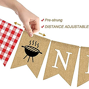 Pudodo Jute Burlap BBQ Themed One High Chair Banner with Grill Barbecue 1st Birthday Party Garland Decoration