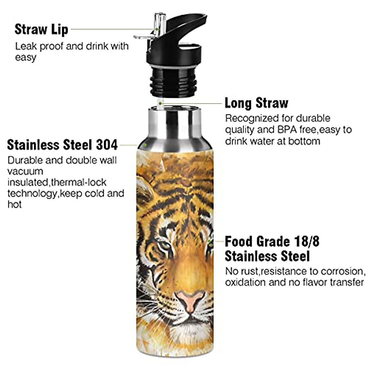 Tiger Water Bottle Kids Thermos Bottle with Straw Lid Animal Kids Insulated Stainless Steel Water Flask Leakproof Thermos Bottle for Gym Outdoor 20 oz