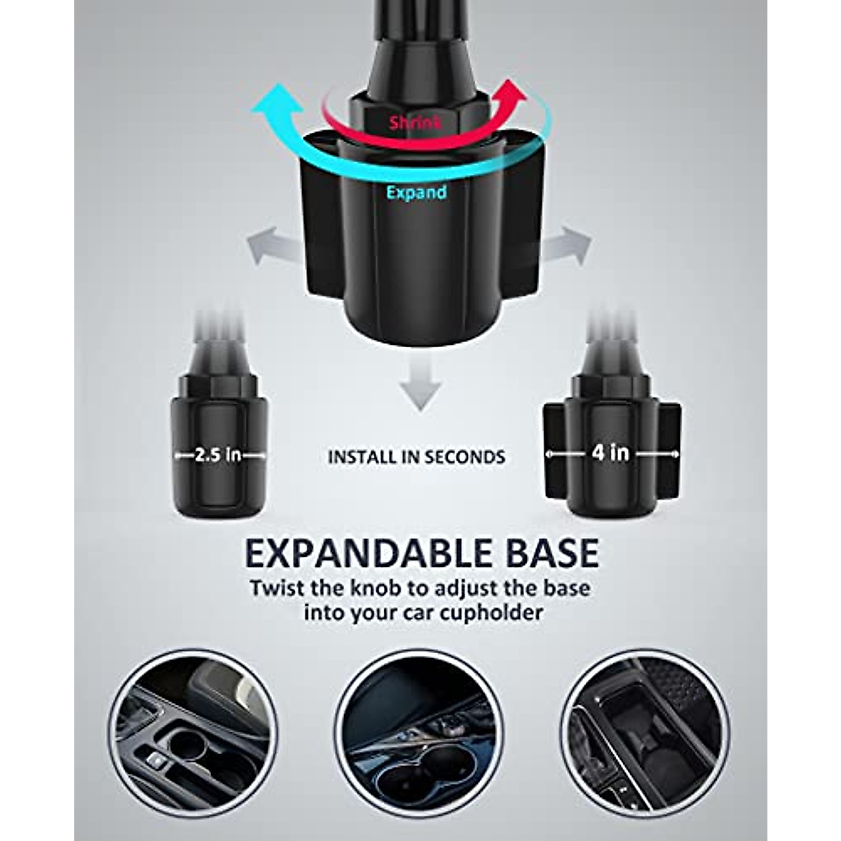 CAVIANA Dual Phone Holder for Car Cup Holder – Long Flexible Neck, 360° Rotatable Car Phone Mount - Adjustable Cell Phone Cup Holder, Universal Size Fits 2 iPhone, Samsung, GPS and More (Cradle)