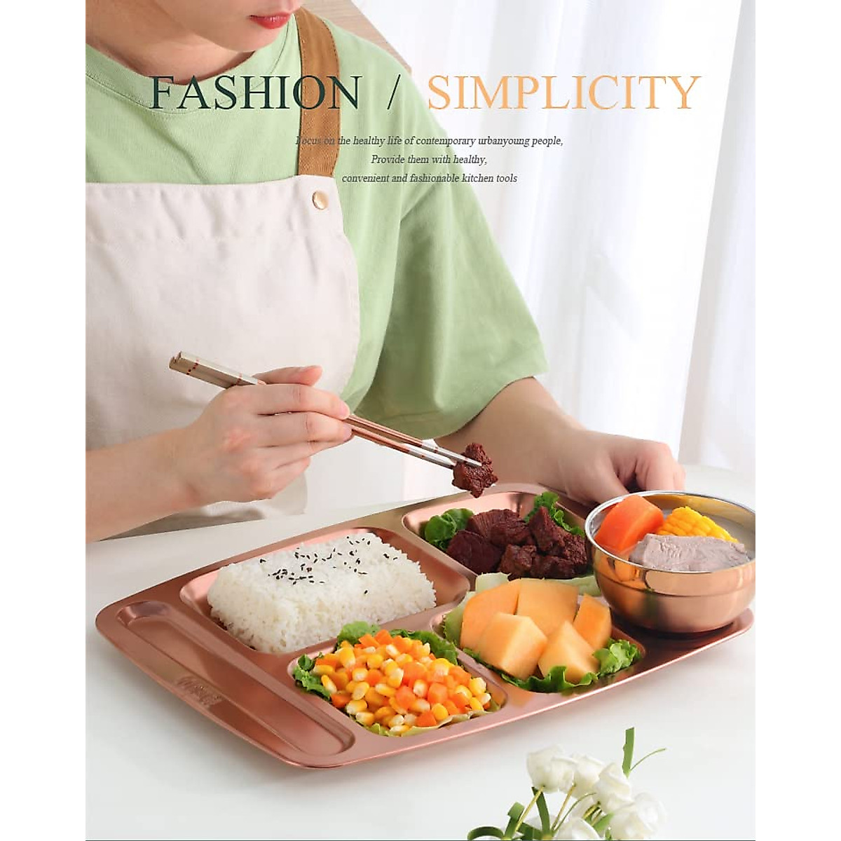 QOBIMOON 18/8 Stainless Steel Divided Plate, Food Trays 4 Section Dinner Plate with Bowl, Chosticks and Spoon, Camping Dishes, Adult Lunch and Dinner-Rainbow Color