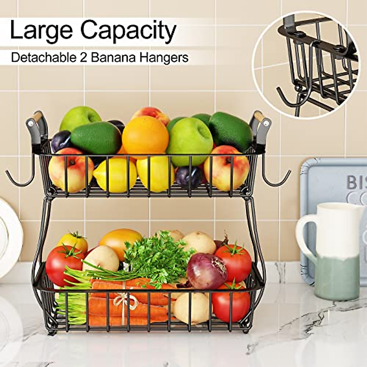 2 Tier Fruit Basket Bowl with 2 Banana Hangers for Kitchen Counter, Metal Countertop Fruits Produce Storage Basket Holder, Large Fruit Vegetable Stand Organizer for Bread Snack Veggies Potato, Black