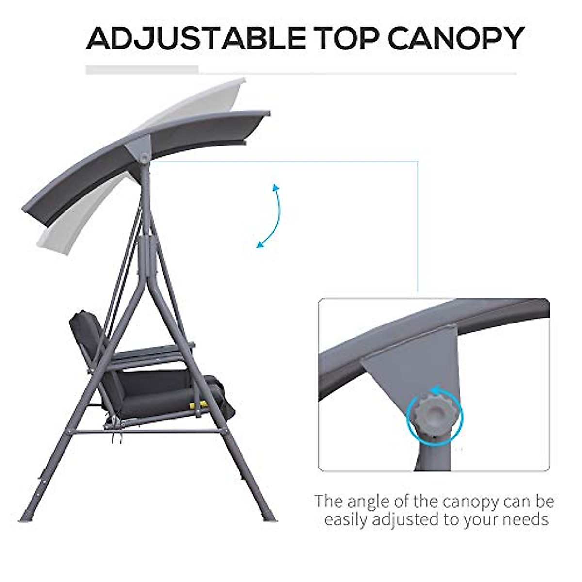 Outsunny 2 Person Porch Swing with Stand, Outdoor Swing with Canopy, Pivot Storage Table, 2 Cup Holders, Cushions for Patio, Backyard, Gray