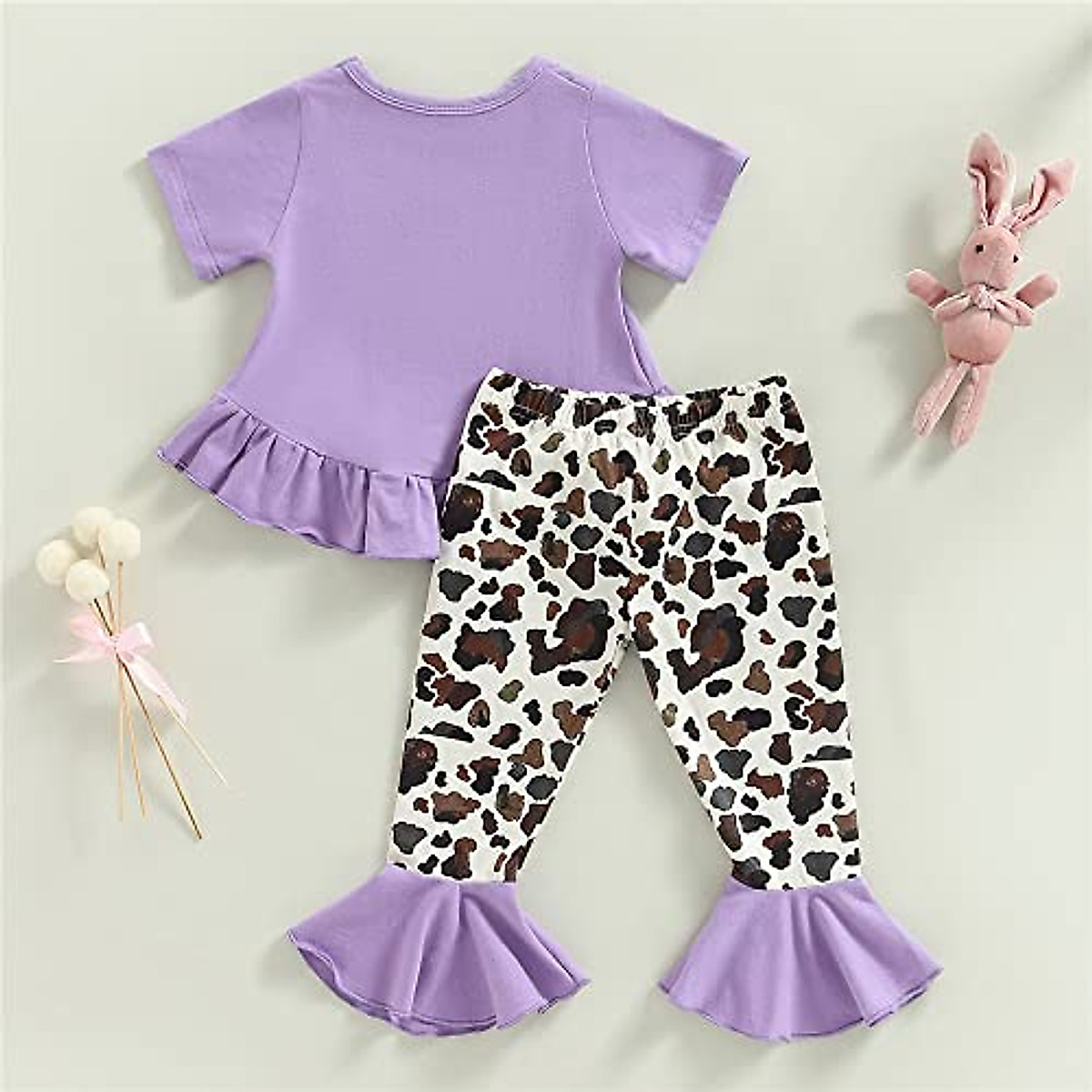 Toddler Kids Baby Girl Easter Outfit Bunny Print Short Sleeve T-Shirt Tops Leopard Flare Pants 2pcs Summer Clothes (Purple,18-24M)