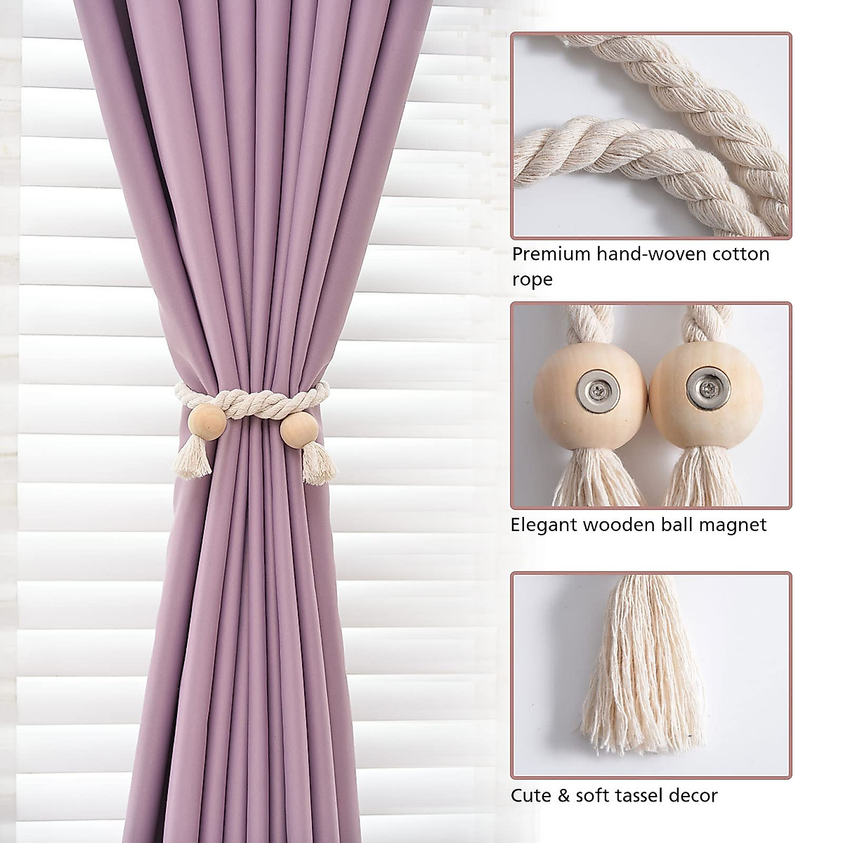 NICEEC 2 Pack Wooden Ball Magnetic Curtain Tiebacks Boho Home Decor Drape Tie Backs Natural Cotton Hand Woven Rope Curtain Holdbacks for Thin & Thick Home & Office Window Draperies (Beige)