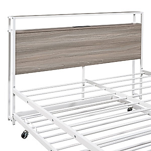 Harper & Bright Designs Full Platform Bed with Trundle and USB Ports, Metal Full Bed Frame with Storage Headboard and Steel Slat Support, for Bedroom and Guest Room (Full Size, White)