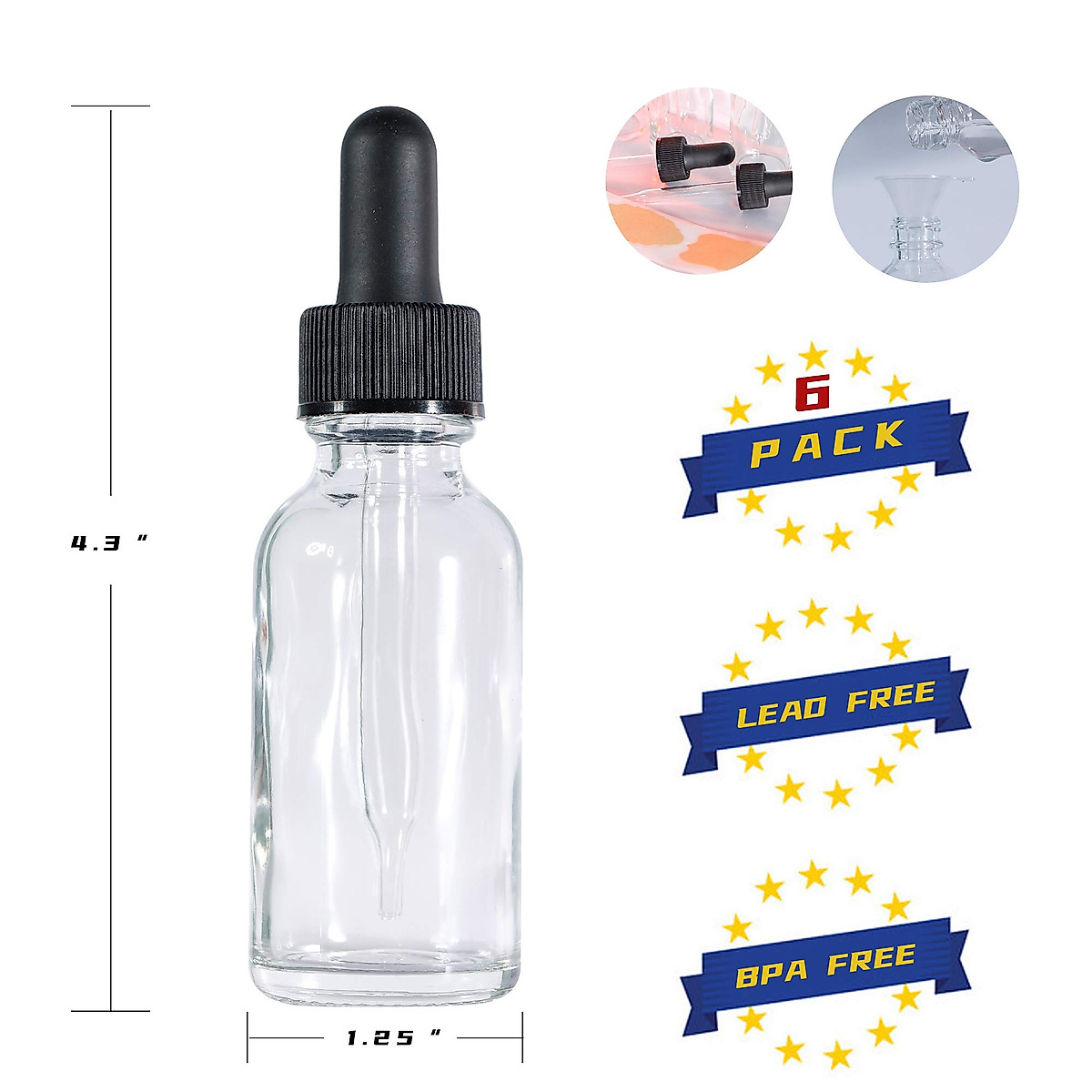 JHCFillé 1oz (30ml) Dropper Bottles, Clear Glass Boston Round Bottle with Glass Eye Dropper, Tincture Bottles with Dropper, Silicon Bulb with 1ml Strong Suction, Pack of 6.