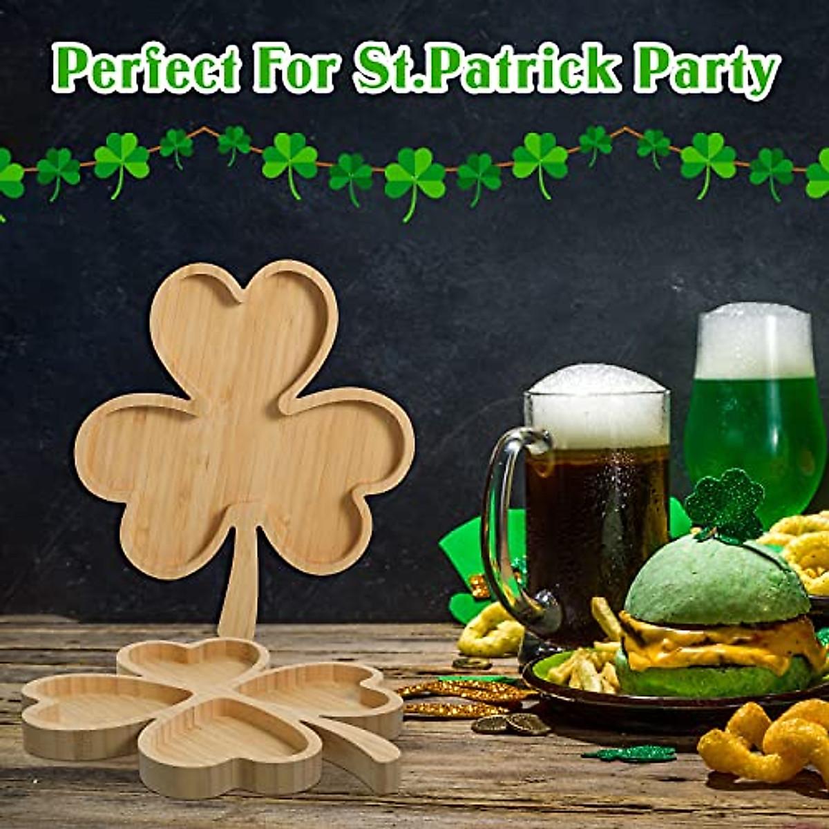 2 Pcs Large Clover Shaped Serving Plates Wooden Shamrock Sectional Serving Tray St Patrick's Day Four Leaves Shaped Platters Irish Serving Dishes Appetizer Section Platter for St Patrick's Supplies