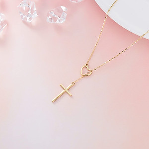 SISGEM 14K Real Gold Cross Necklace for Women,Yellow/White Gold Small Heart Cross Y-Necklaces,Anniversary Birthday Jewelry Present for Wife Mom 16''+2''