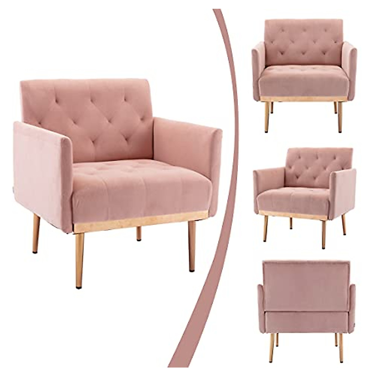 SLEERWAY Modern Velvet Single Sofa Chair, Upholstered Accent Living Room Chair, Comfy Armchair with Rose Golden Metal Legs, Tufted Chair for Reading or Lounging (Pink)