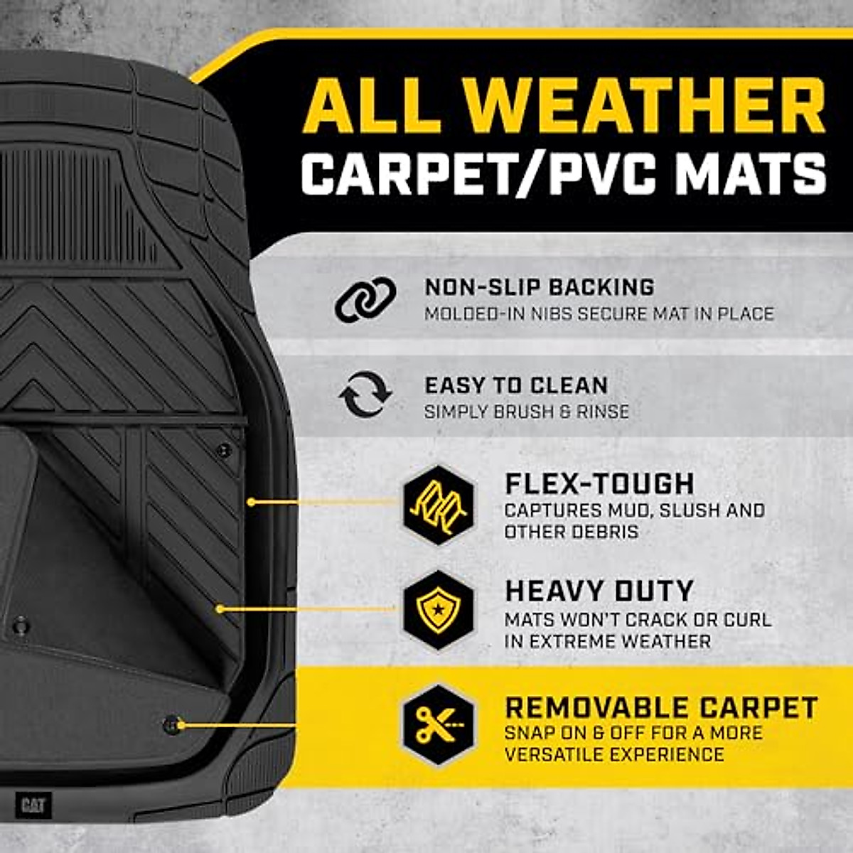 CAT® Detachable Deep Dish Car Floor Mats w/ Removable Carpet Liner - Universal Fit for SUVs Trucks Sedans Washable Easy-Clean Automotive Floor Liners Heavy Duty All Weather Non-Slip Comfort - Charcoal