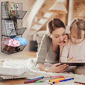 HRAYLTOP 3 Tier Wall Mounted Metal Wire Fruit Storage Basket, Hanging Kitchen Fruit Produce Storage Bins Organizer with S-Hooks and Adjustable Chalkboards, Multipurpose Bathroom Rack/Stand(Black)