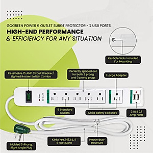 GoGreen Power GG-16326USB 6 Outlet Surge Protector with 2 USB Ports, White, 6 ft Cord