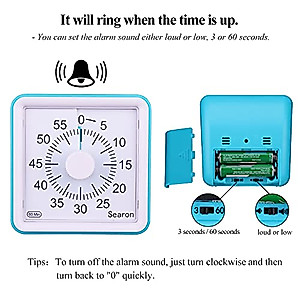 Searon Visual Timer for Kids Autism 3.07" Square 60 Minute Countdown Analog Timer No Loud Ticking for Kid Teacher Home Work School Classroom Children or Adults with Special Needs